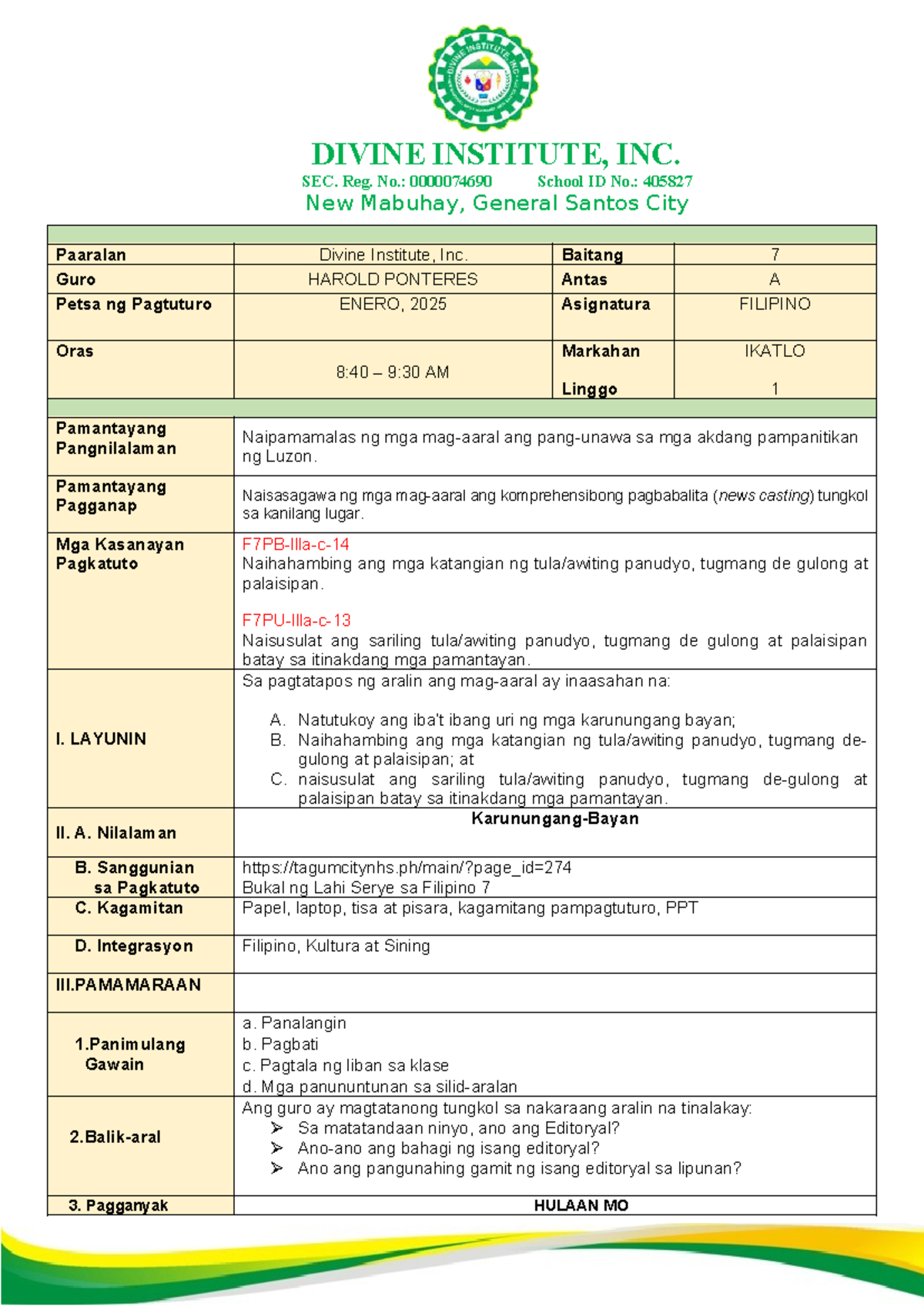 G7 - Q3 - W1 - Filipino Lesson Plan on Panudyo and Palaisipan - Studocu