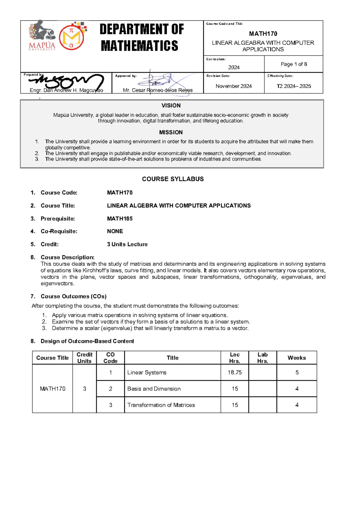 MATH170 Syllabus: Linear Algebra with Computer Applications (2024-2025 ...