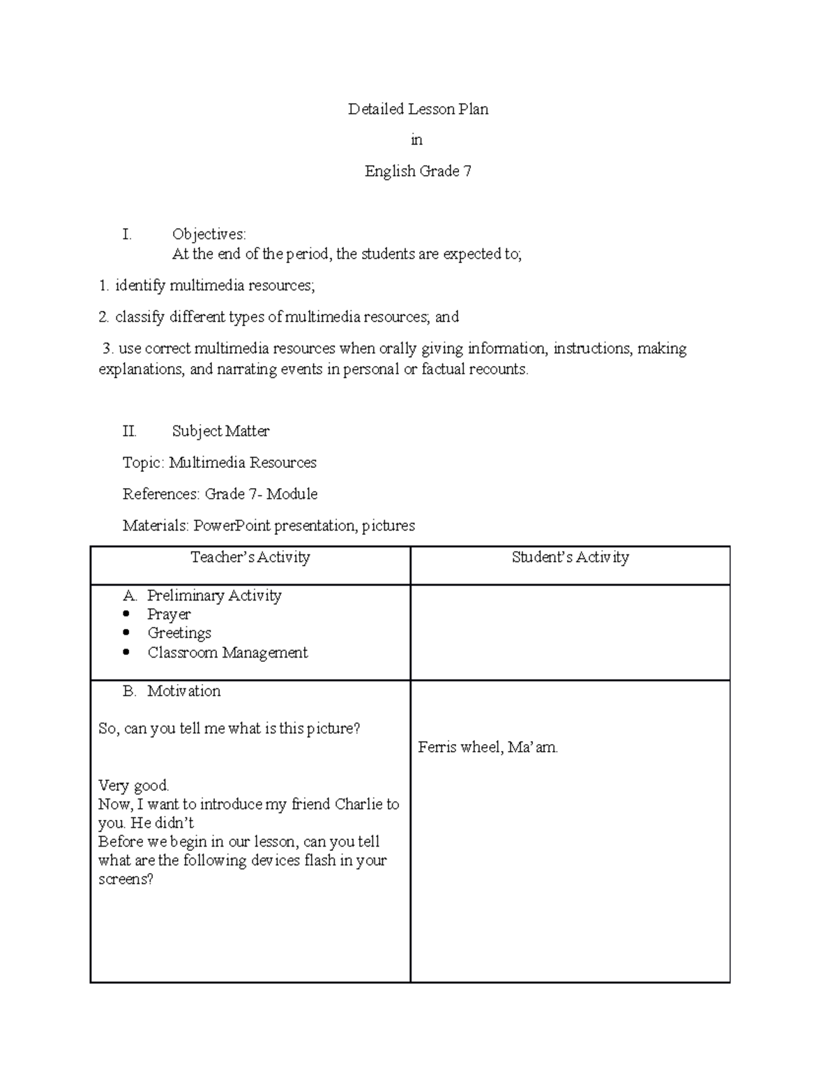 Detailed Lesson Plan in Grade 7 - Detailed Lesson Plan in English Grade ...