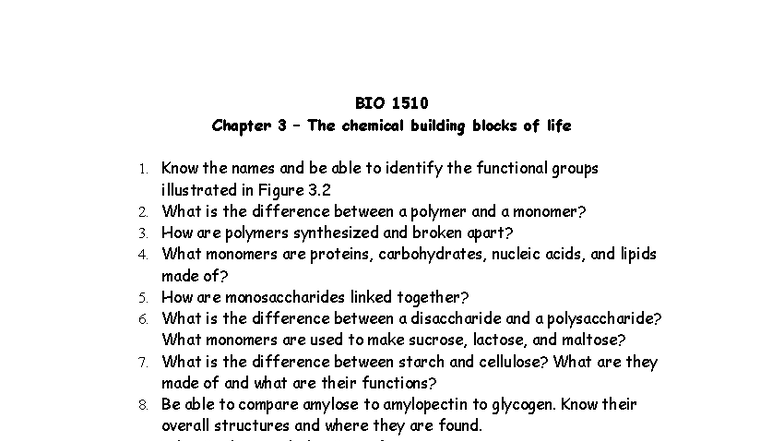 BIO 1510 Chapter 3 Study Guide: Chemical Building Blocks of Life - Studocu