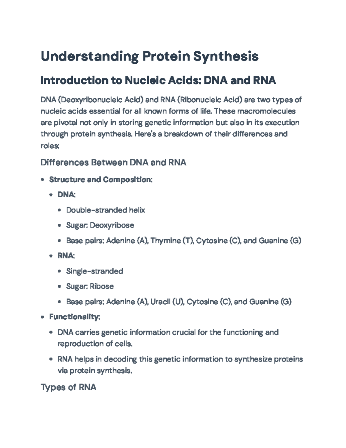 Protein Synthesis: Roles of DNA & RNA in Molecular Biology - Studocu