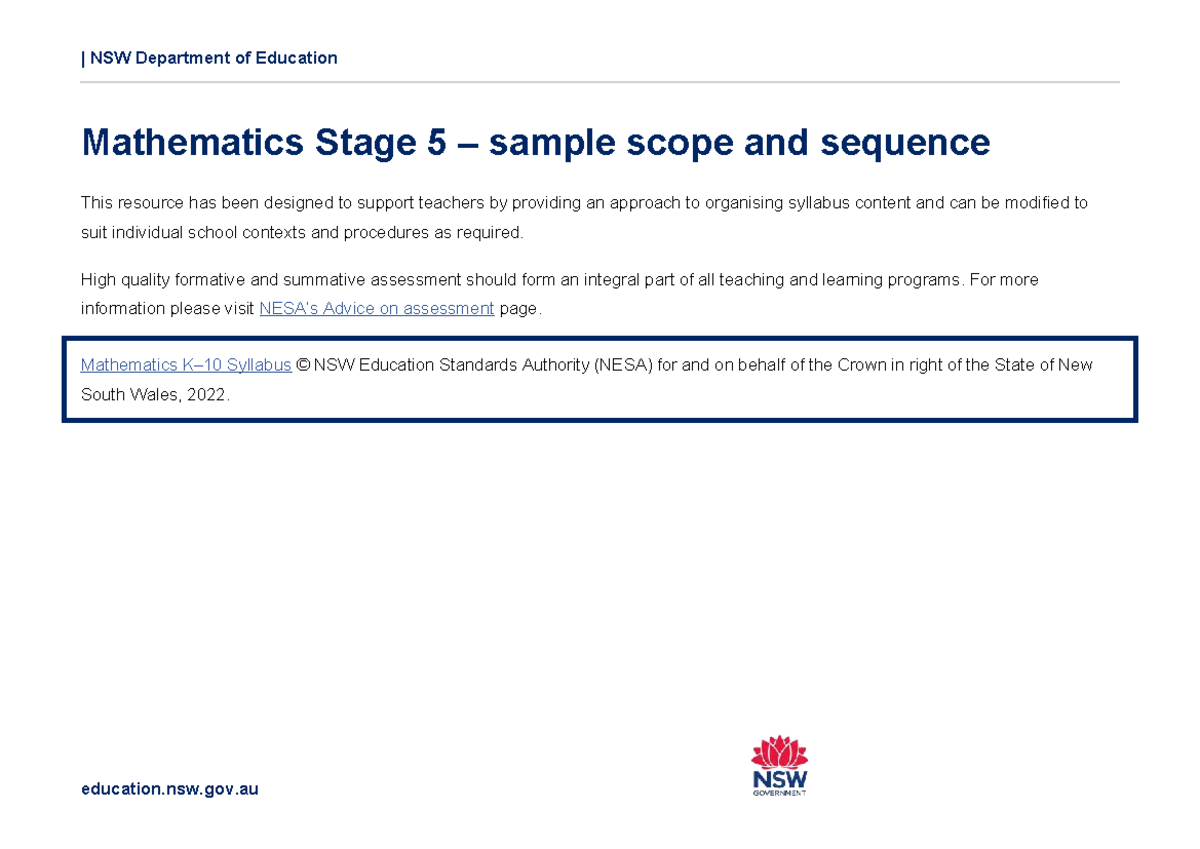 Mathematics Stage 5 Sample Scope and Sequence (NSW) - Studocu