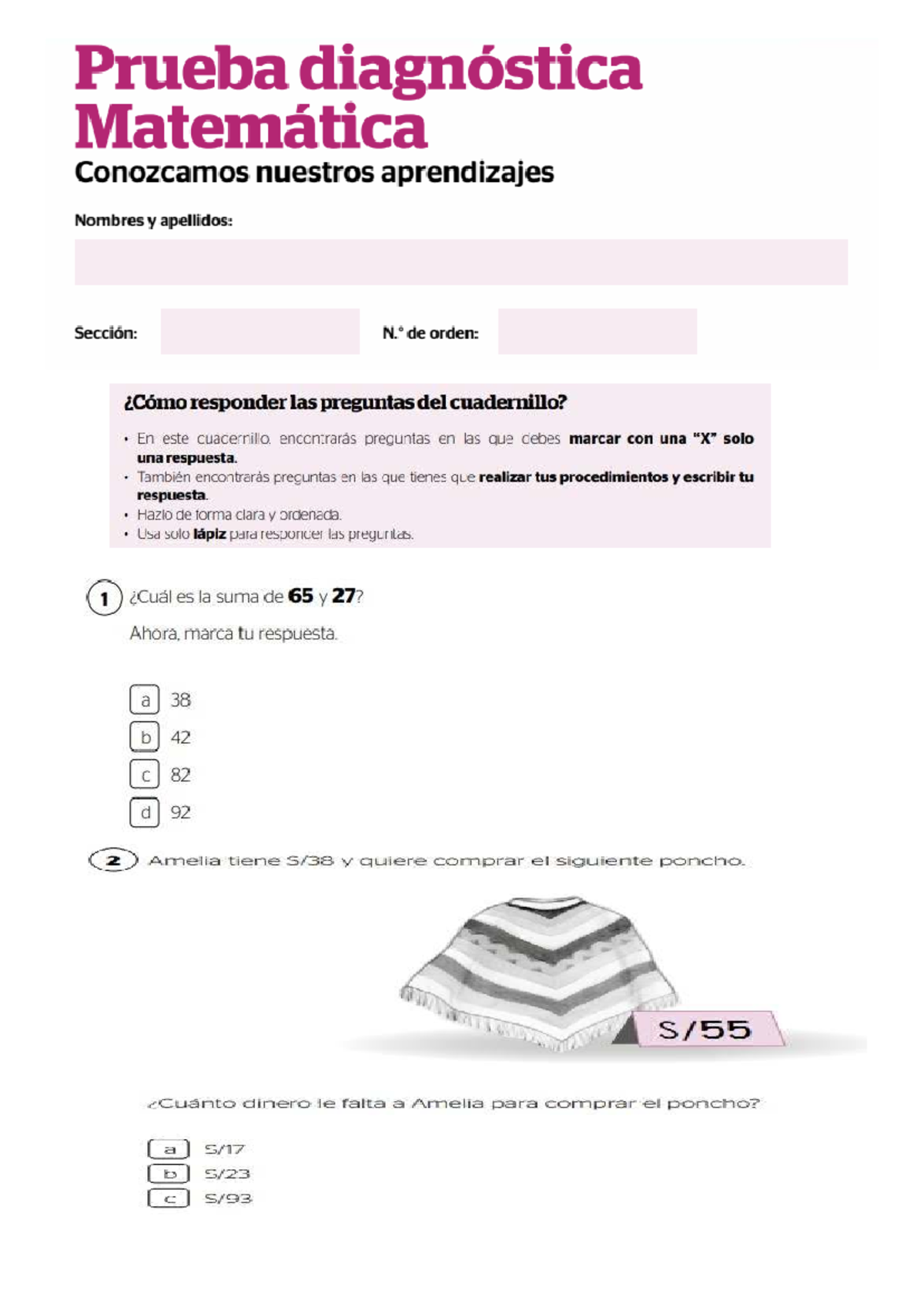 Prueba Diagnóstica Matemática: Conozcamos Nuestros Aprendizajes - Studocu