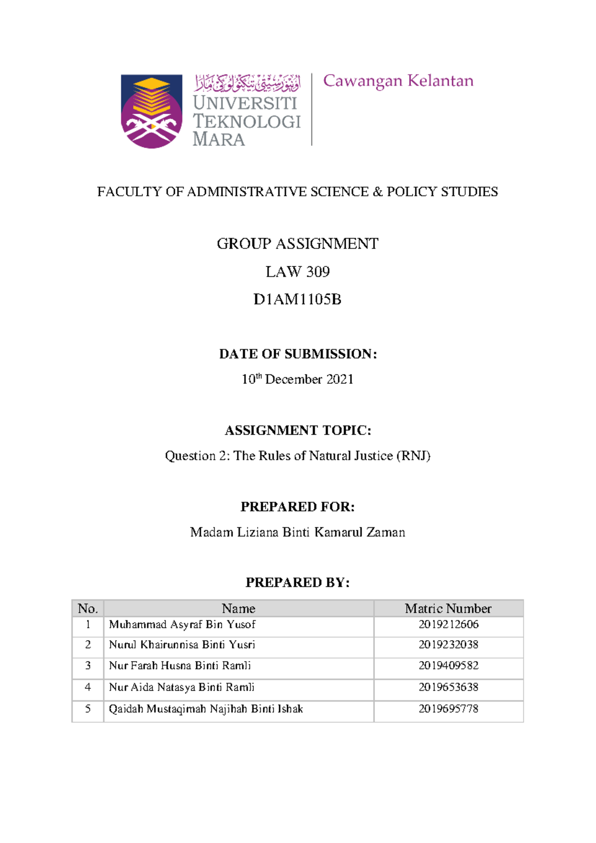 Group Assignment on Natural Justice: LAW309 AM1105B - Studocu