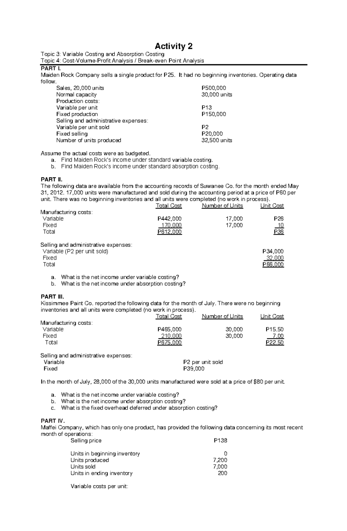Activity 2: Variable vs. Absorption Costing Analysis (ACCT 101) - Studocu