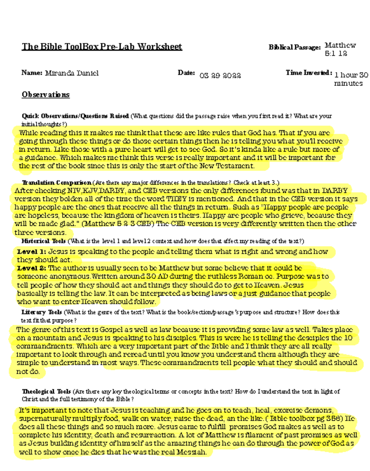 Bible ToolBox Pre-Lab Worksheet - Insights on Biblical Passage Matthew ...