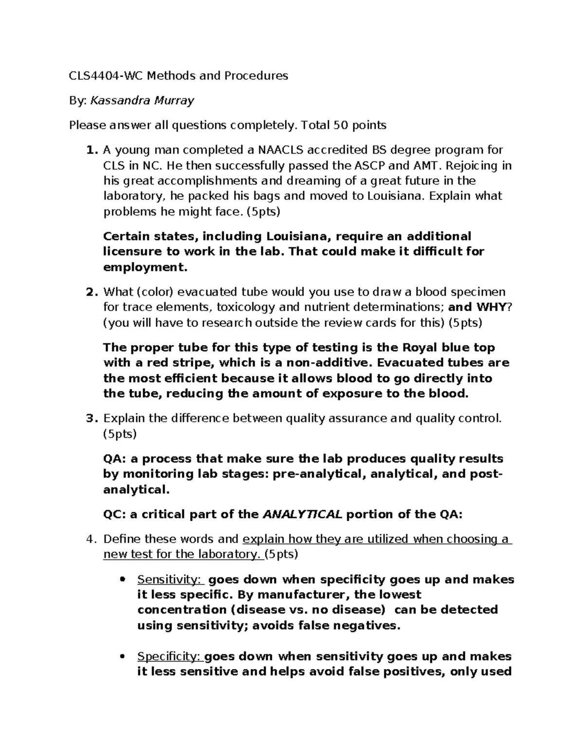 Lab Op Assignment: Methods & Procedures for CLS in NC & LA - Studocu