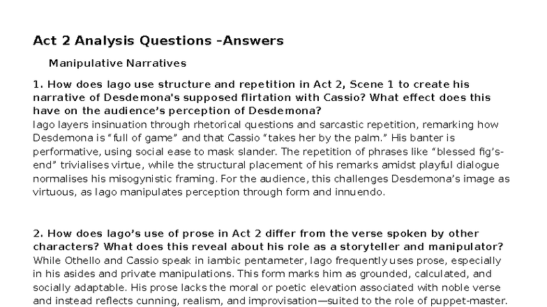 Act 2 Analysis Questions & Answers: Manipulative Narratives in Othello ...