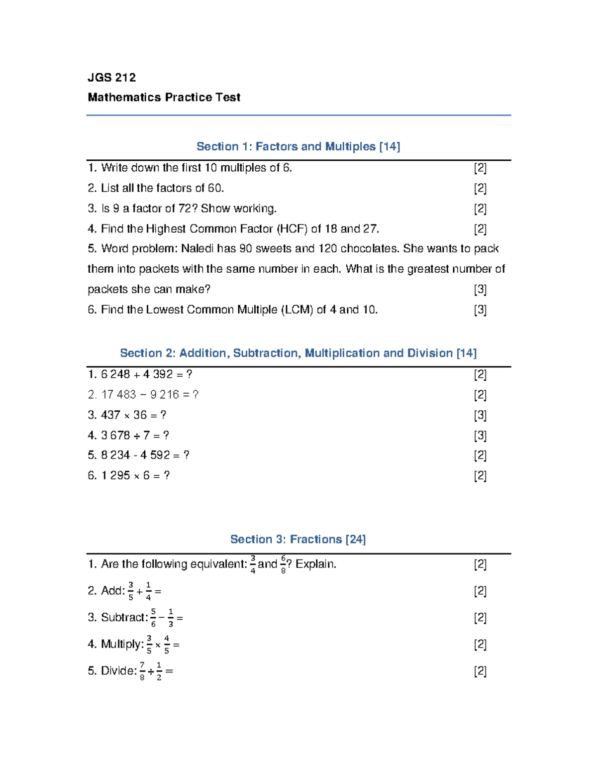 JGS 212 Mathematics Practice Test: Factors, Multiples & Operations ...
