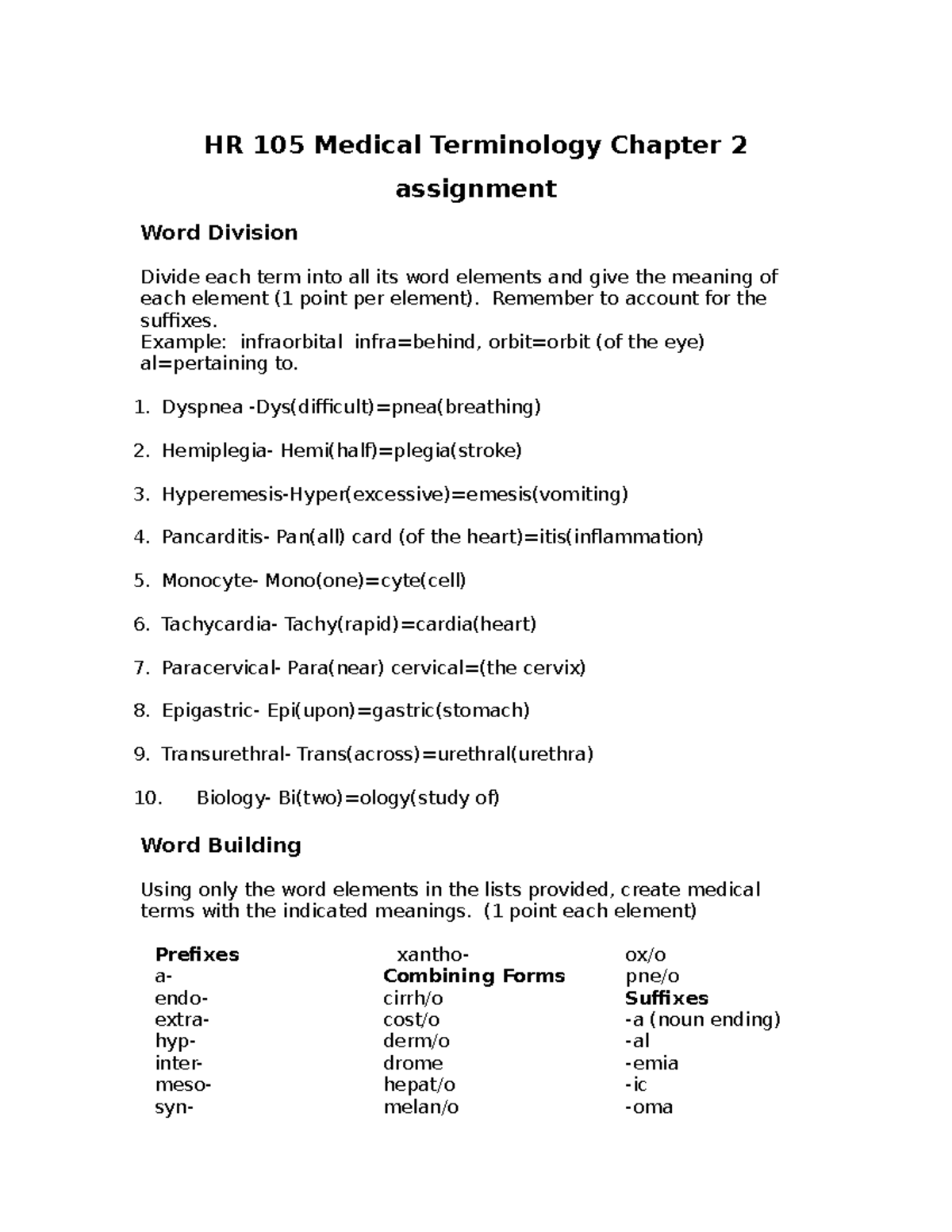 HR 105 Medical Terminology Chapter 2 Assignment: Word Division ...