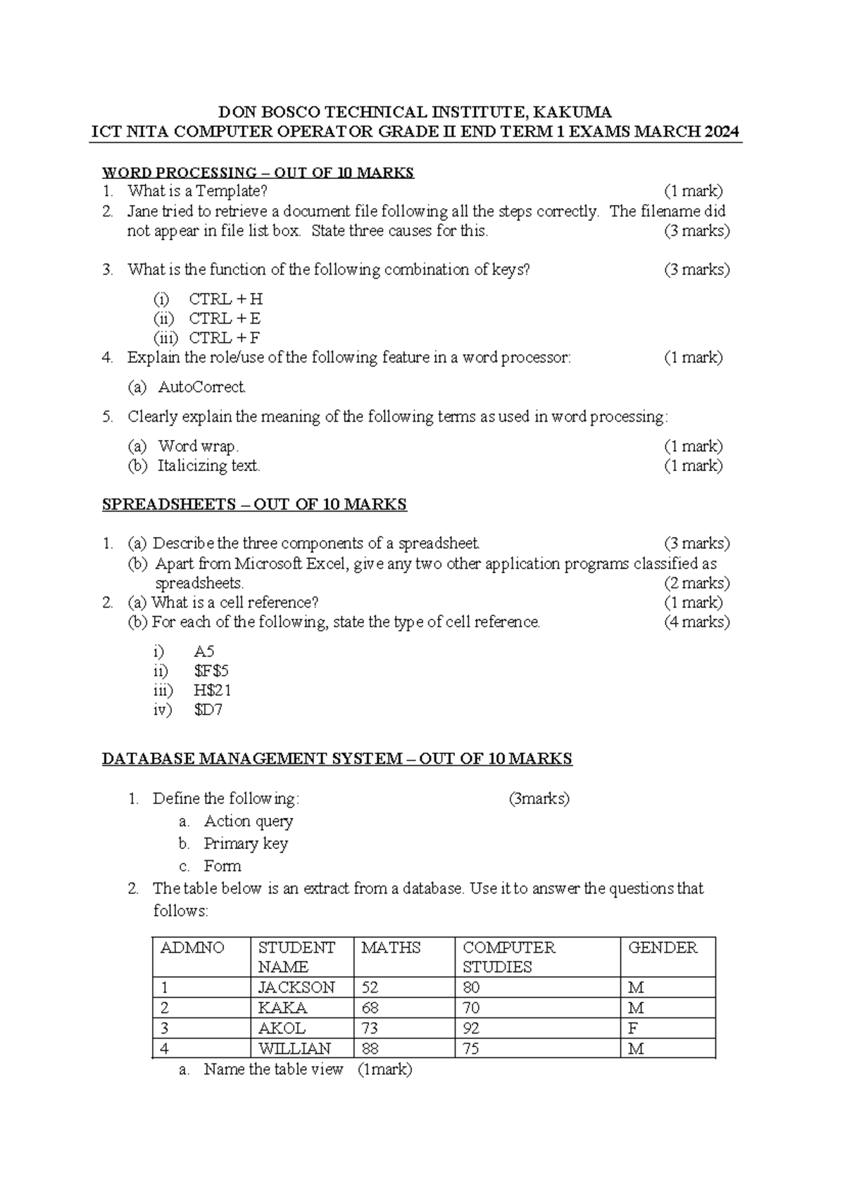 ICT NITA Grade II End Term Exam QSN - March 2024 - Studocu