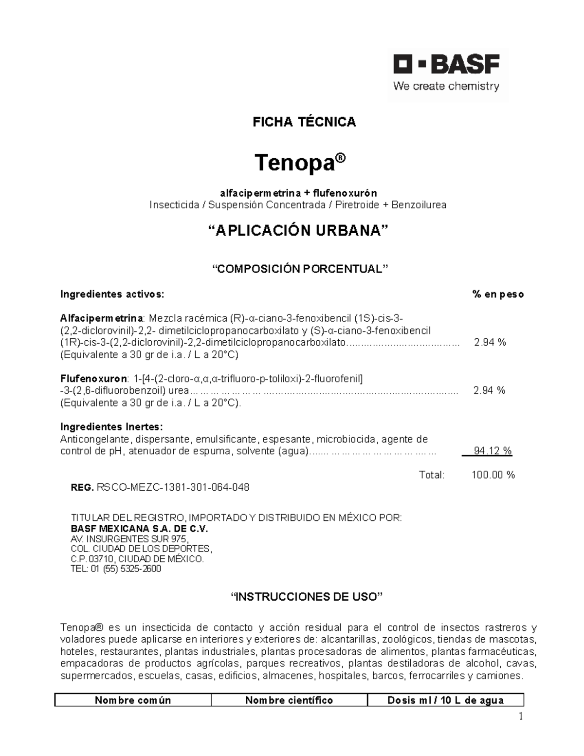 Ficha Técnica de Tenopa® 60 SC: Insecticida y Uso Urbano - Studocu