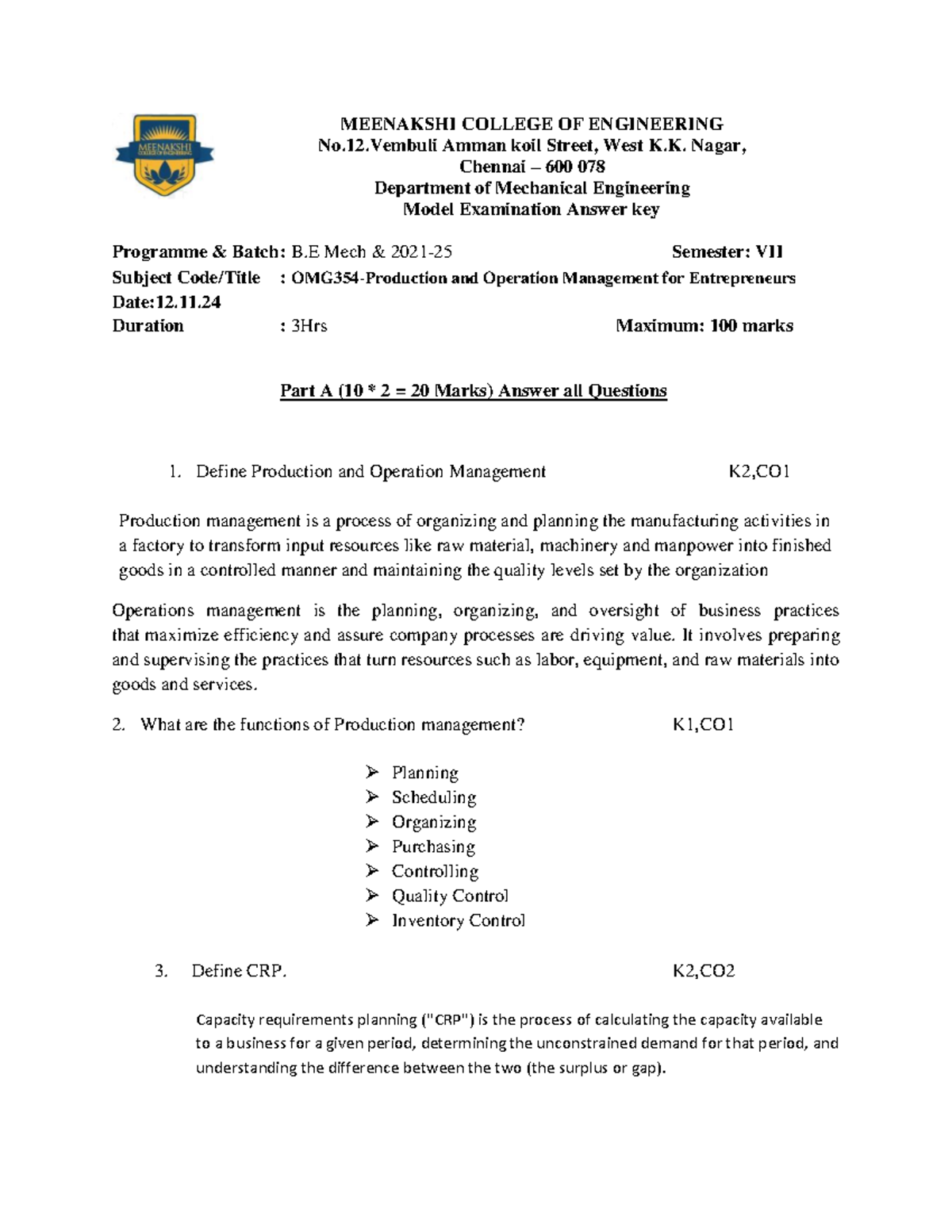 POM Model Answer Key - production and operation management questions ...