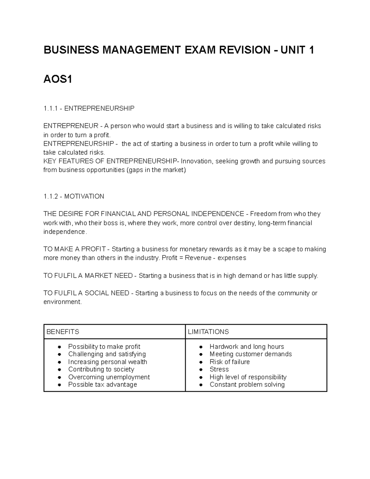 Business Management Exam Revision - Unit 1: Entrepreneurship ...