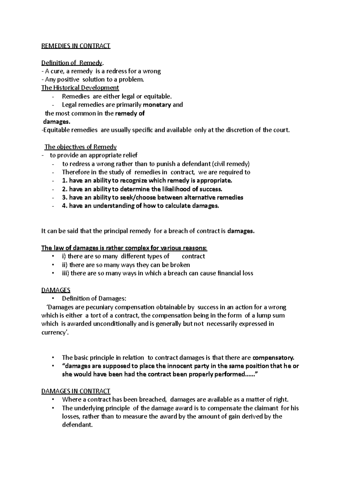 Remedies IN Contract part 1 - REMEDIES IN CONTRACT Definition of Remedy ...