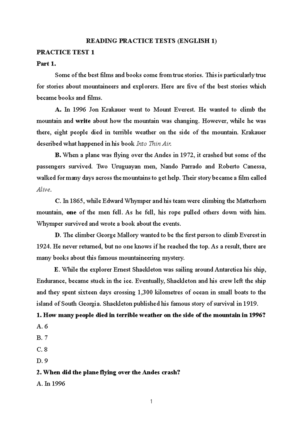 READING PRACTICE TESTS (ENGLISH 1) - PRACTICE TEST 1 & 2 - Studocu