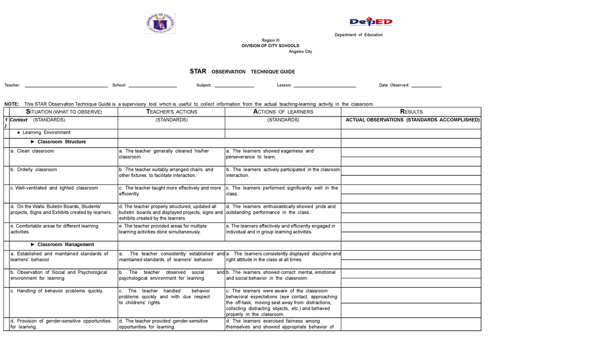 STAR Observation Technique Guide for Teacher Evaluation - Studocu