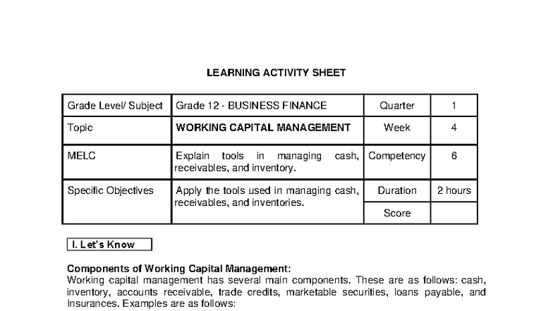 Q1 LAS Business Finance 12: Tools for Working Capital Management - Studocu