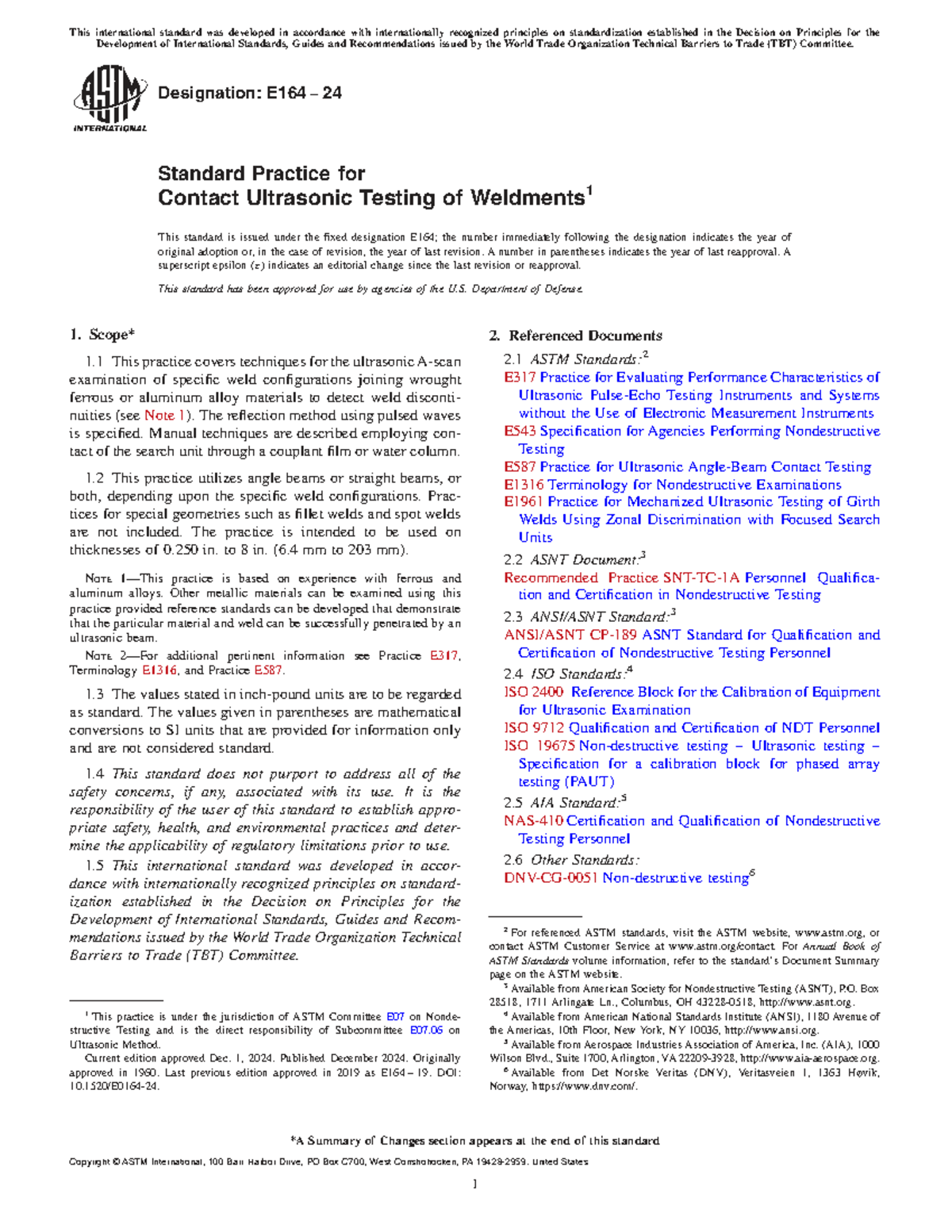 ASTM E164 2024 Standard Practice for Ultrasonic Testing of Weldments ...