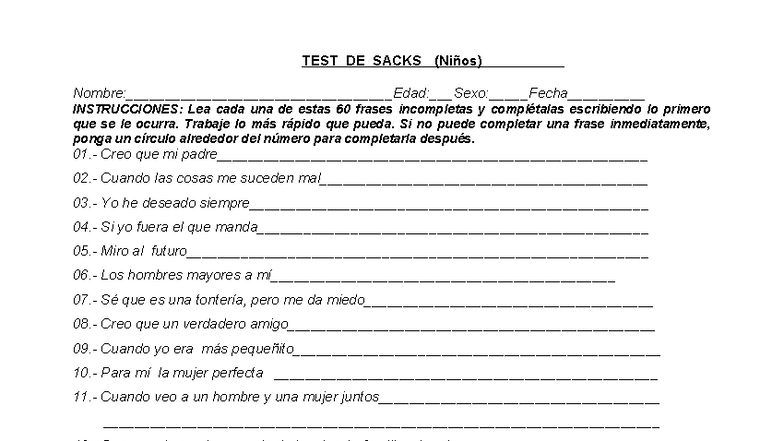 TEST DE SACKS (Niños) - Instrucciones y Frases Incompletas - Studocu
