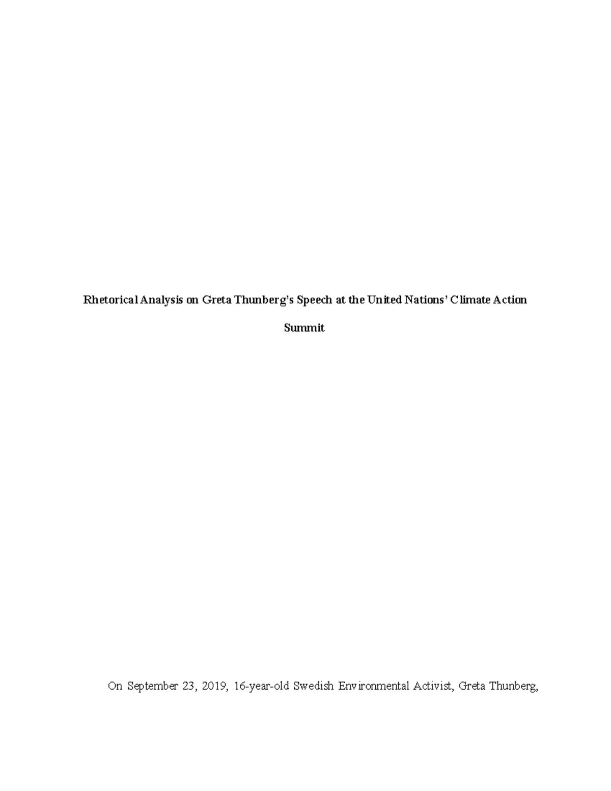 Rhetorical Analysis Essay on Greta Thunberg’s UN Speech - Studocu