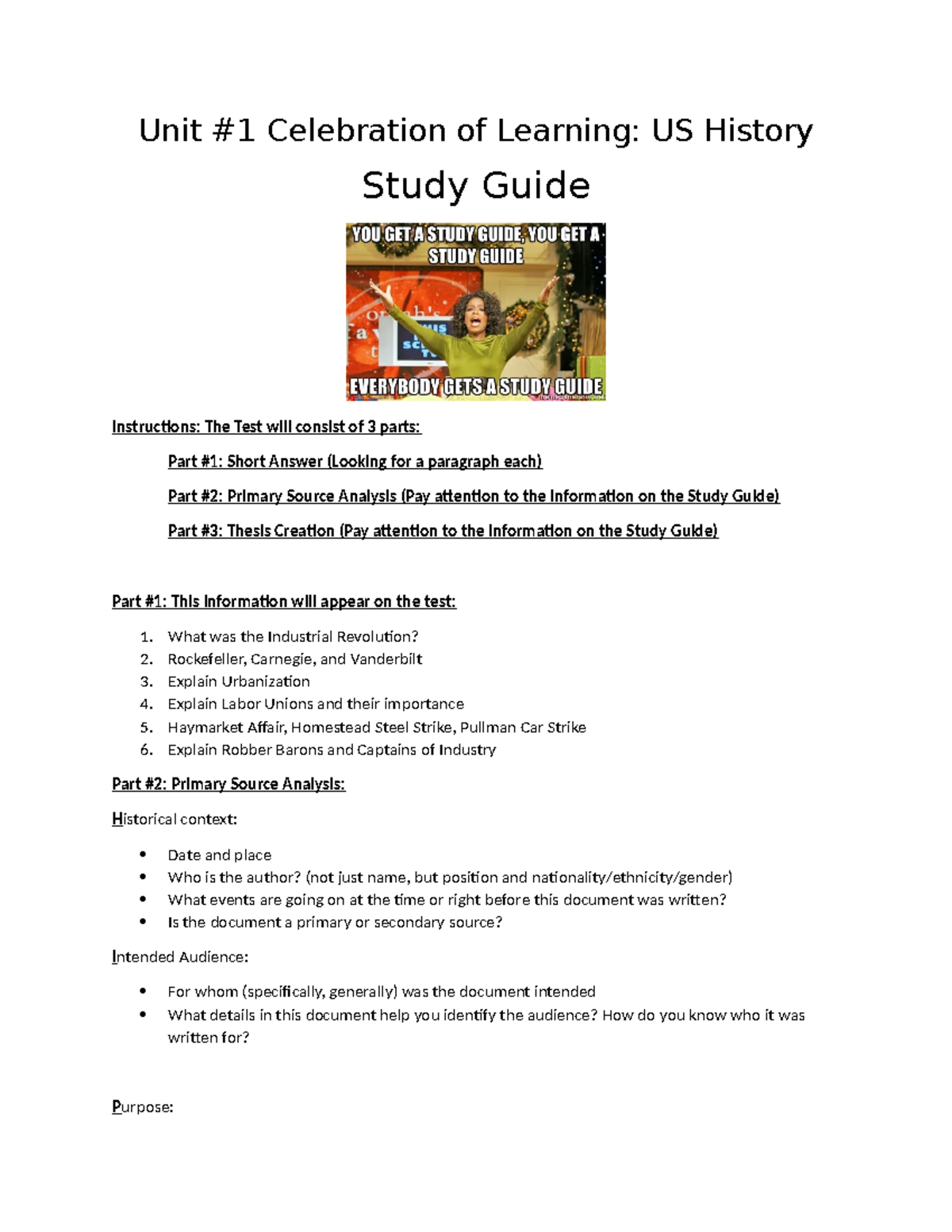 Unit #1 Celebration of Learning: US History Study Guide (Final Exam ...