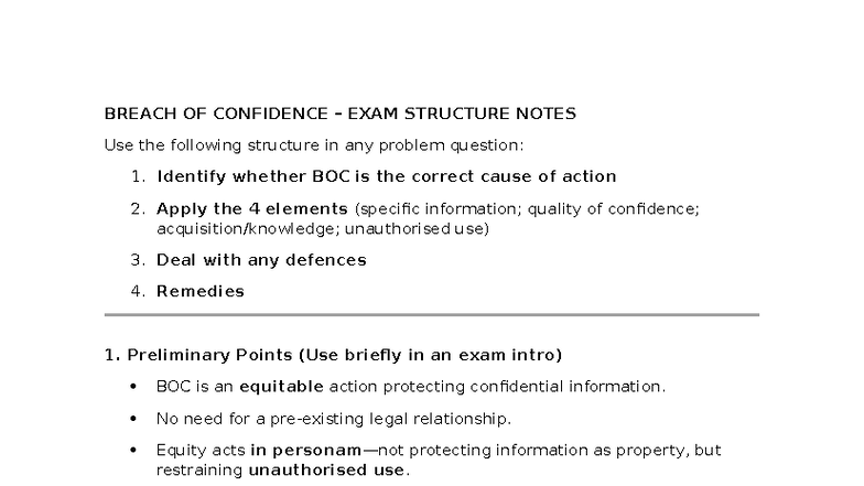 Breach of Confidence Exam Structure Notes (BOC) - Studocu