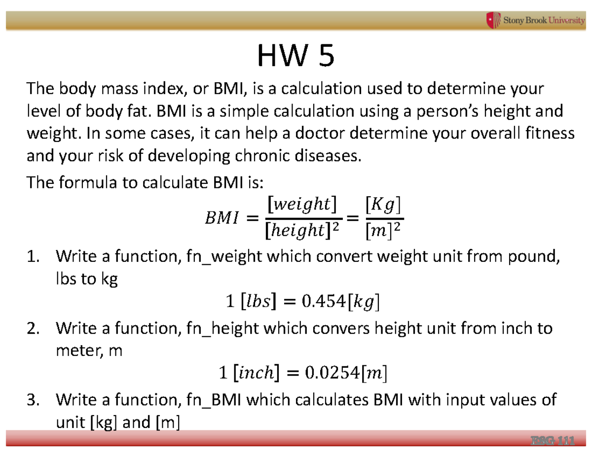 HW 5: Calculating Body Mass Index (BMI) with Functions and Scripts - Studocu
