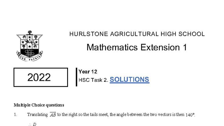 2022 HSC Mathematics Extension 1 Year 12 Task 2 Solutions - Studocu