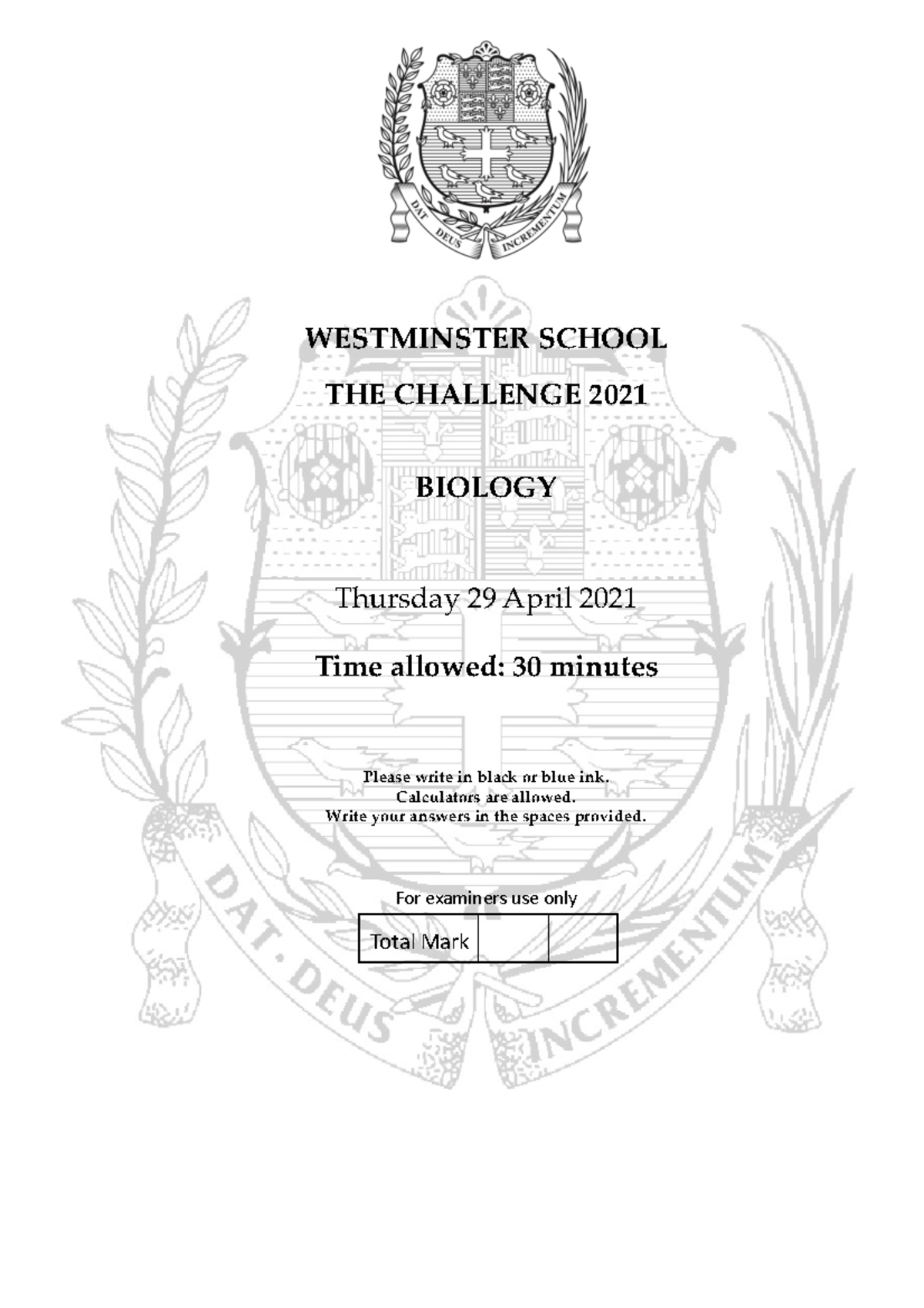 Biology Challenge 2021: Westminster School Exam Questions - Studocu