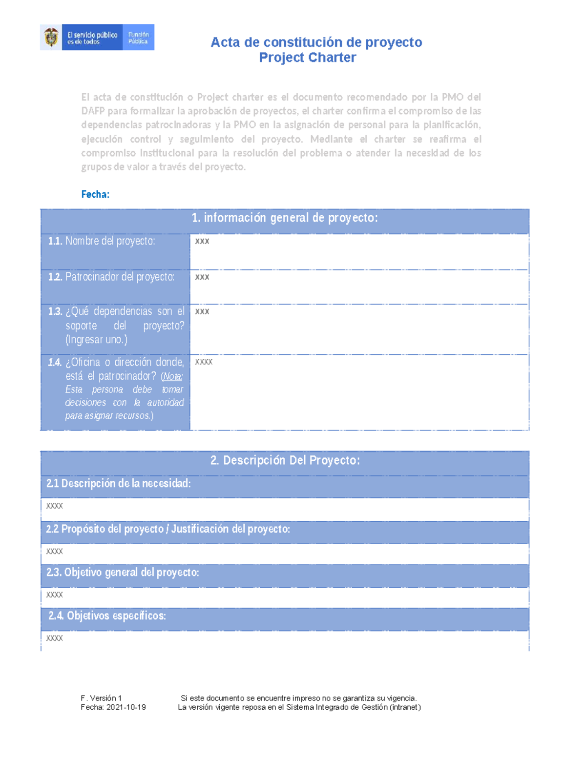 Acta de Constitución del Proyecto - Project Charter 2021-10-19 - Studocu