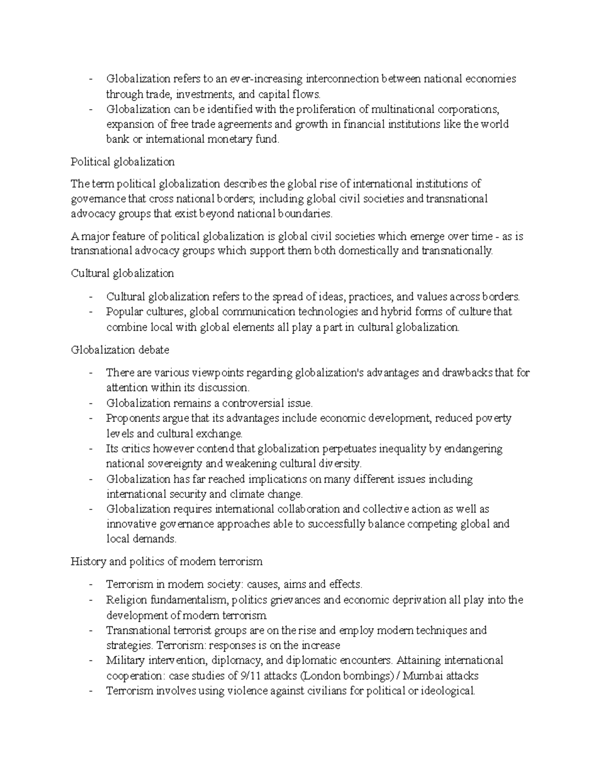 INTL 16: Comprehensive Notes on Globalization & Modern Terrorism - Studocu