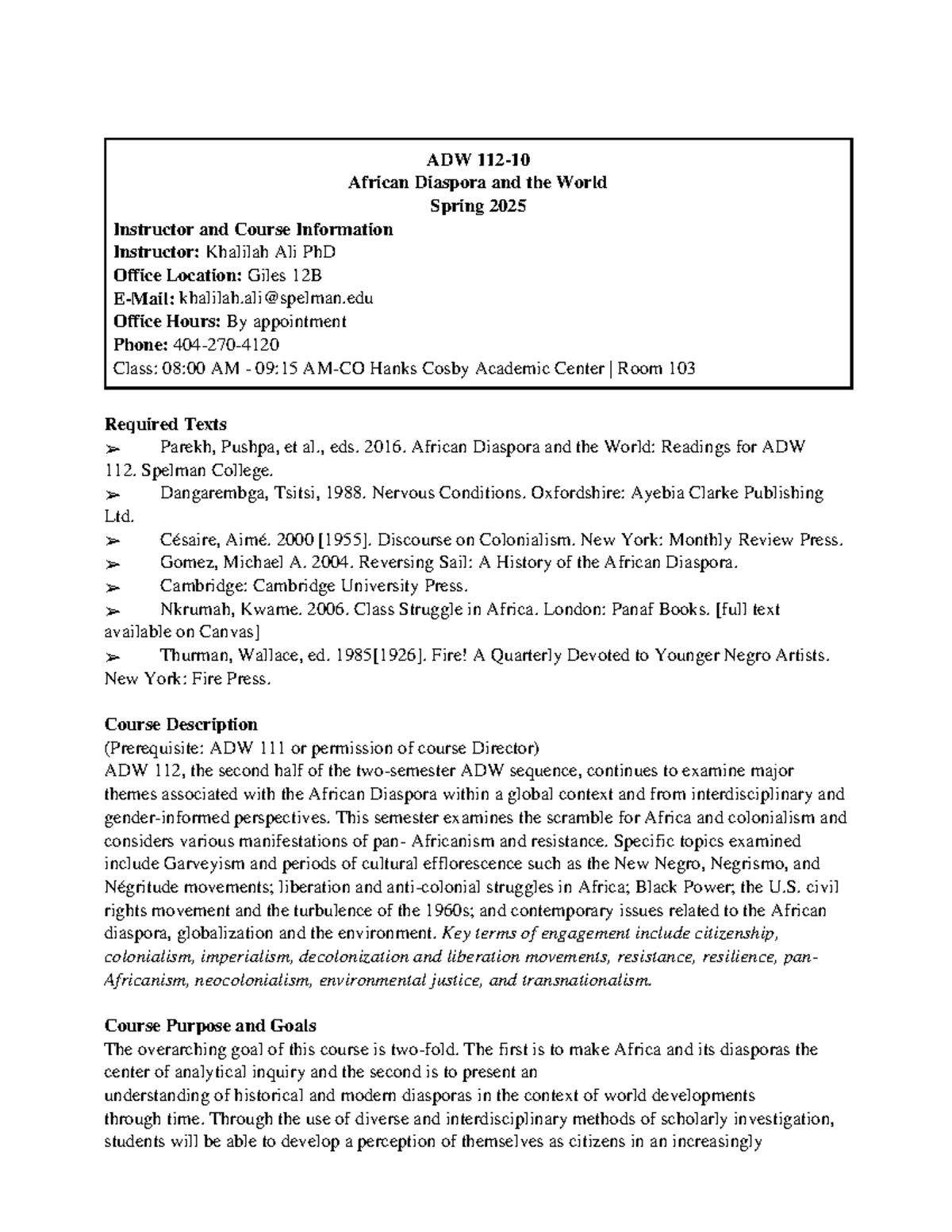 ADW 112-10: Spring 2025 African Diaspora Studies Syllabus Overview ...