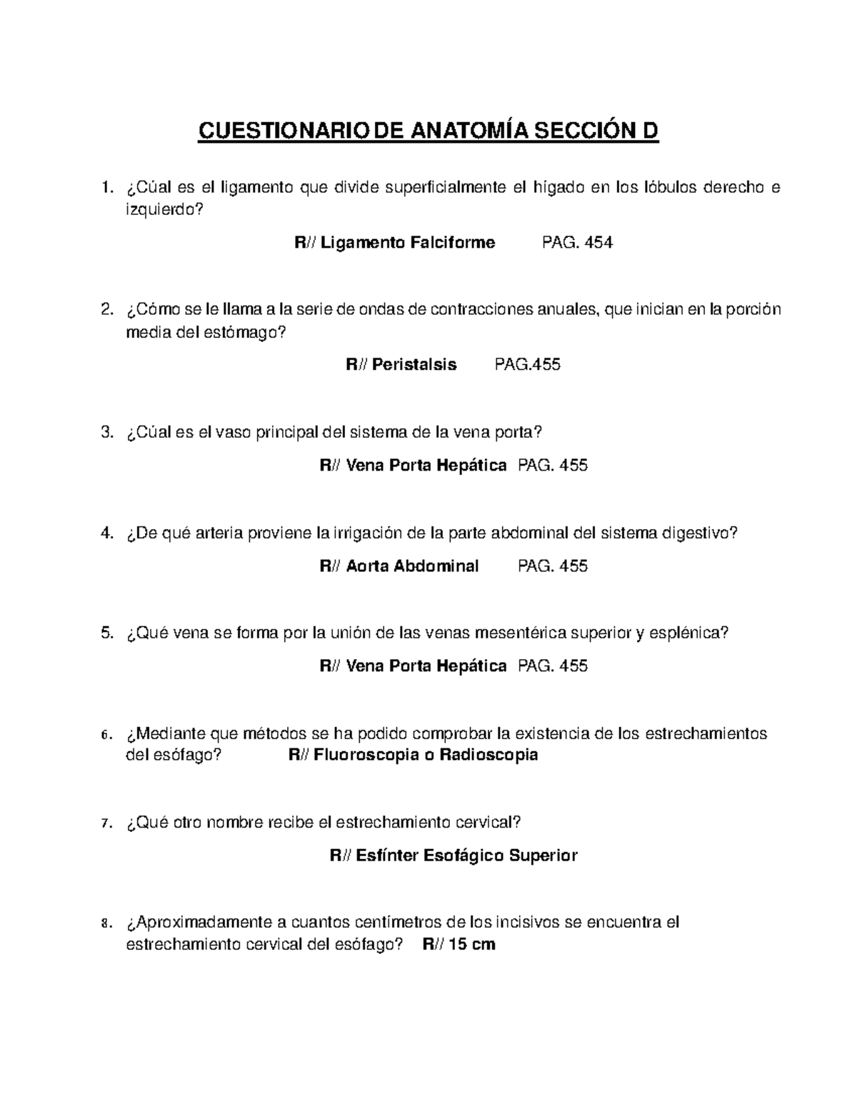 Cuestionario de Anatomía - Sección D (CUESTIONARIO ANAT 101) - Studocu