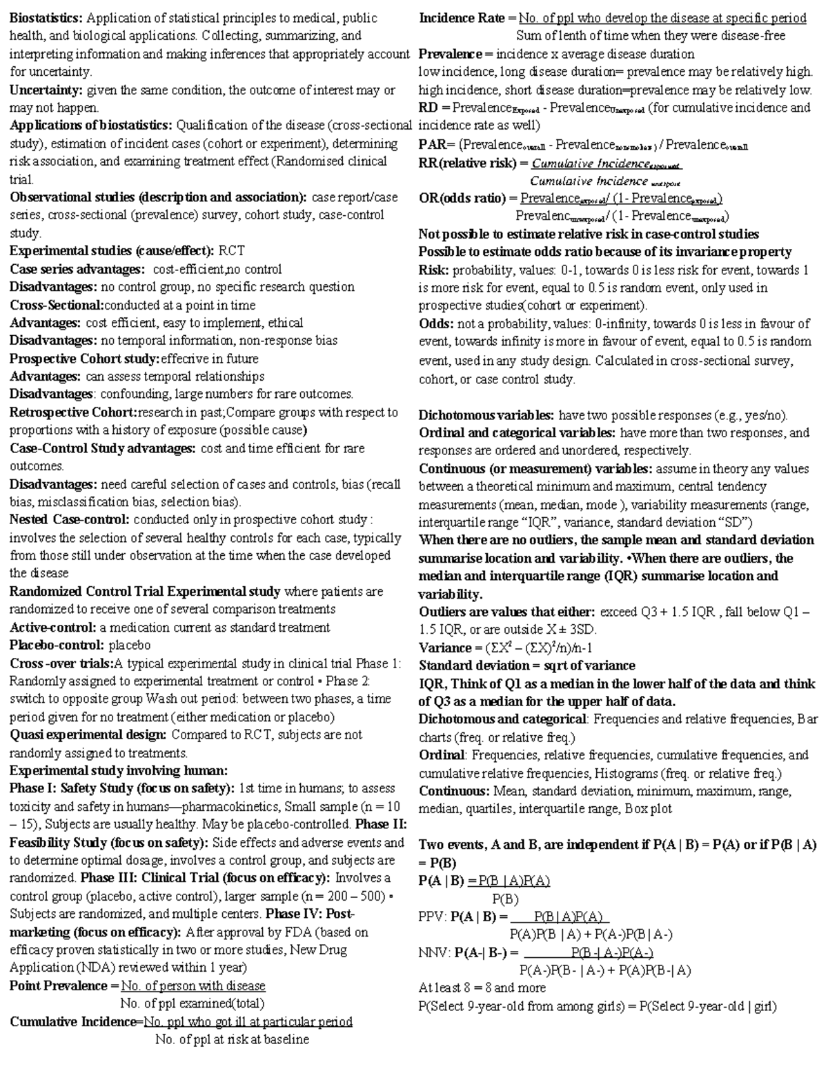HLSC 2P07 Cheat Sheet - Summary Biostatistics I - Biostatistics ...