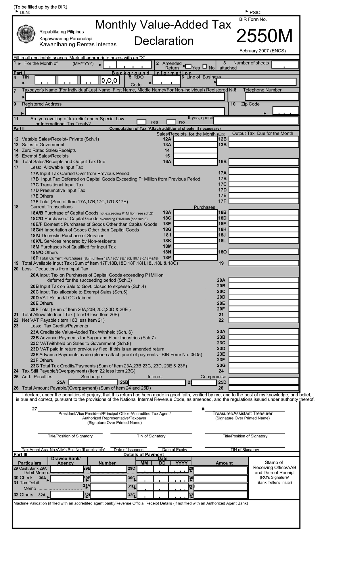 BIR Form 2550M Monthly Tax Declaration - February 2007 - Studocu
