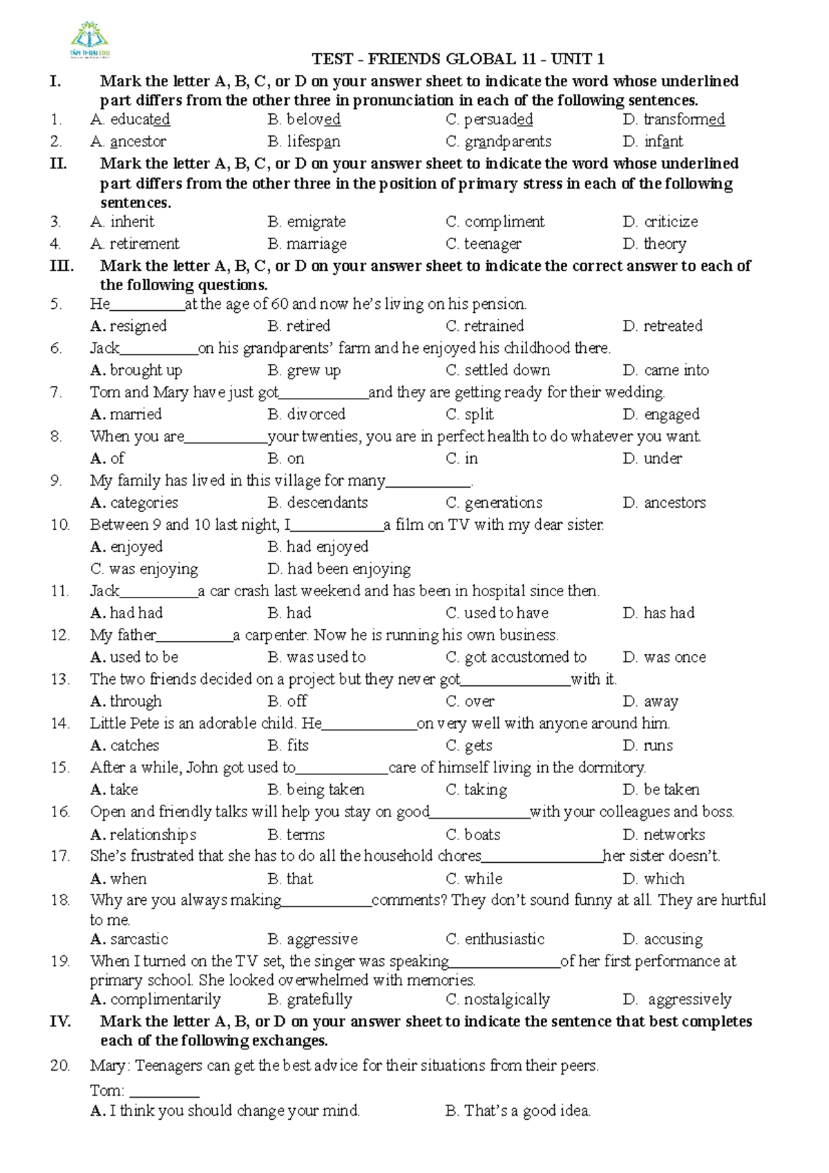 Tieng Anh 11: Friends Global Unit 1 Test Review & Answers - Studocu