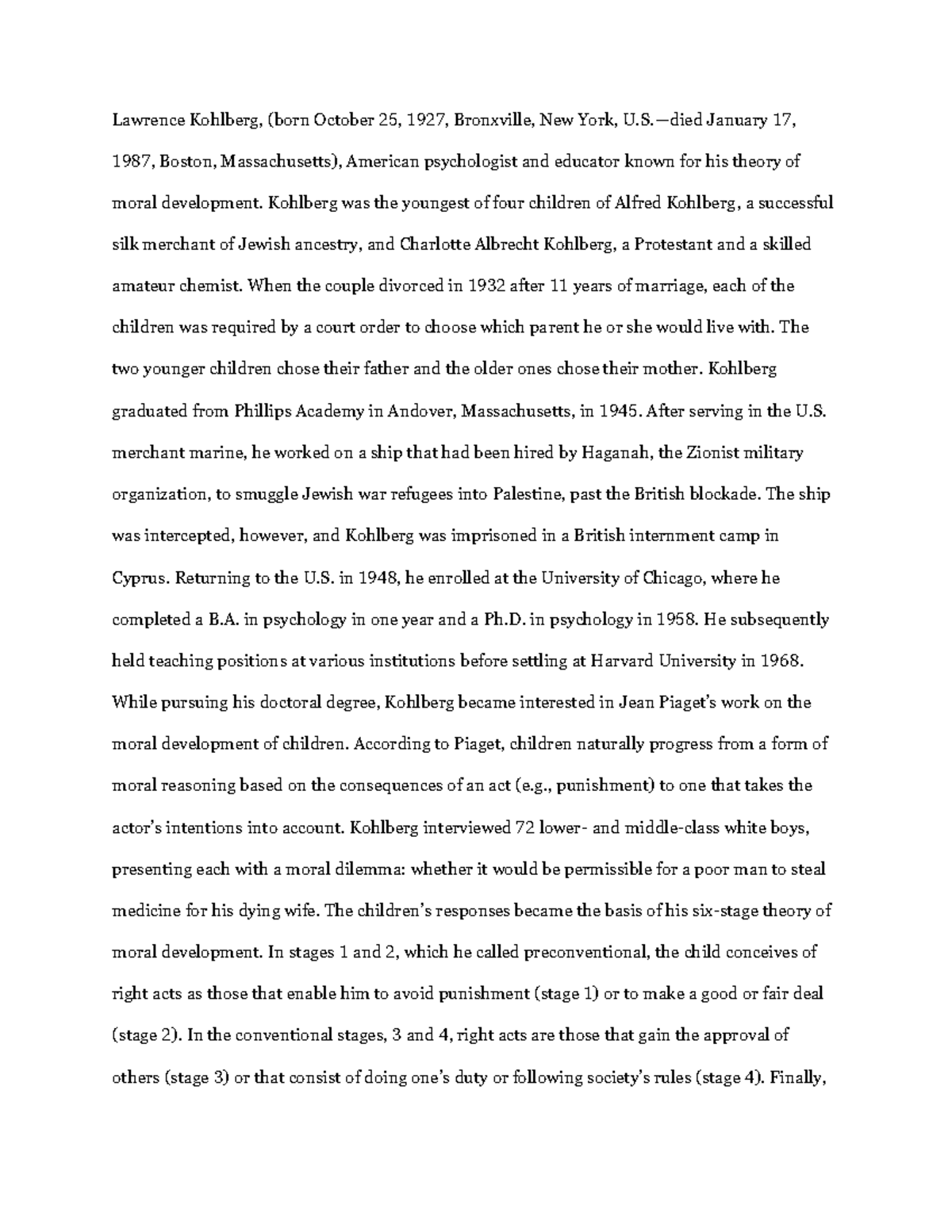 Kohlberg's Moral Development Theory - Study Notes - Studocu