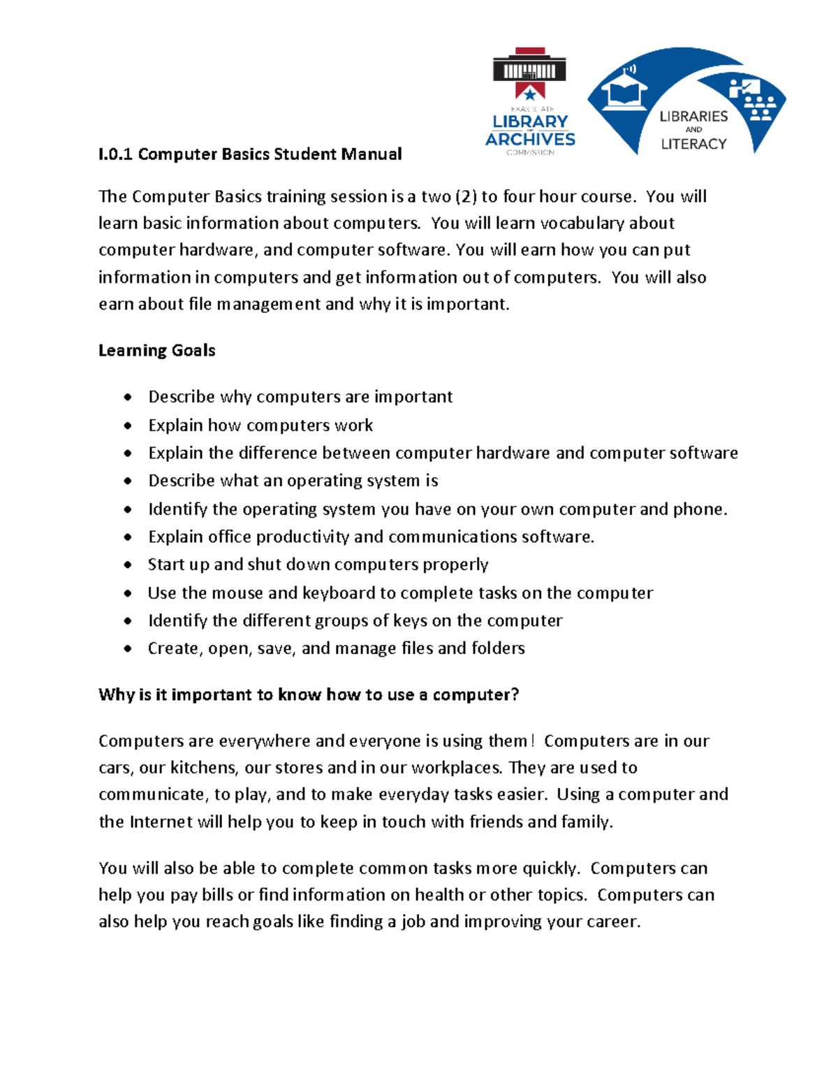1-0-1 Computer Basics Student Manual - I.0 Computer Basics Student ...