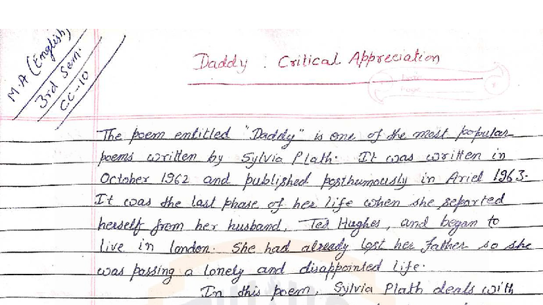 M 3rd M.A (Eng) Daddy: Critical Analysis of Sylvia Plath's Poem - Studocu