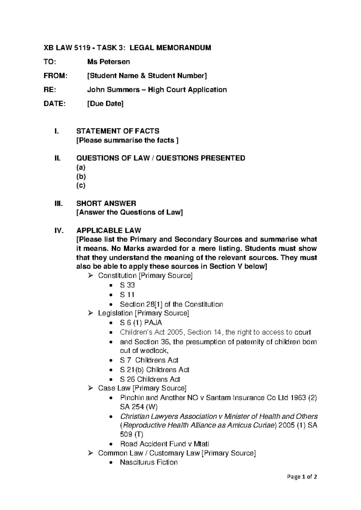 Legal Memo Template for XB LAW 5119 - Task 3: John Summers Case - Studocu