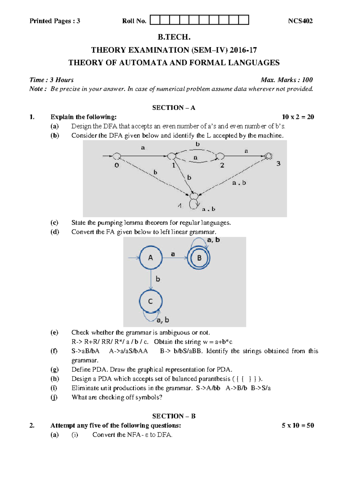 AKTU NCS402 B.Tech Theory Exam: Automata & Formal Languages 16-17 - Studocu
