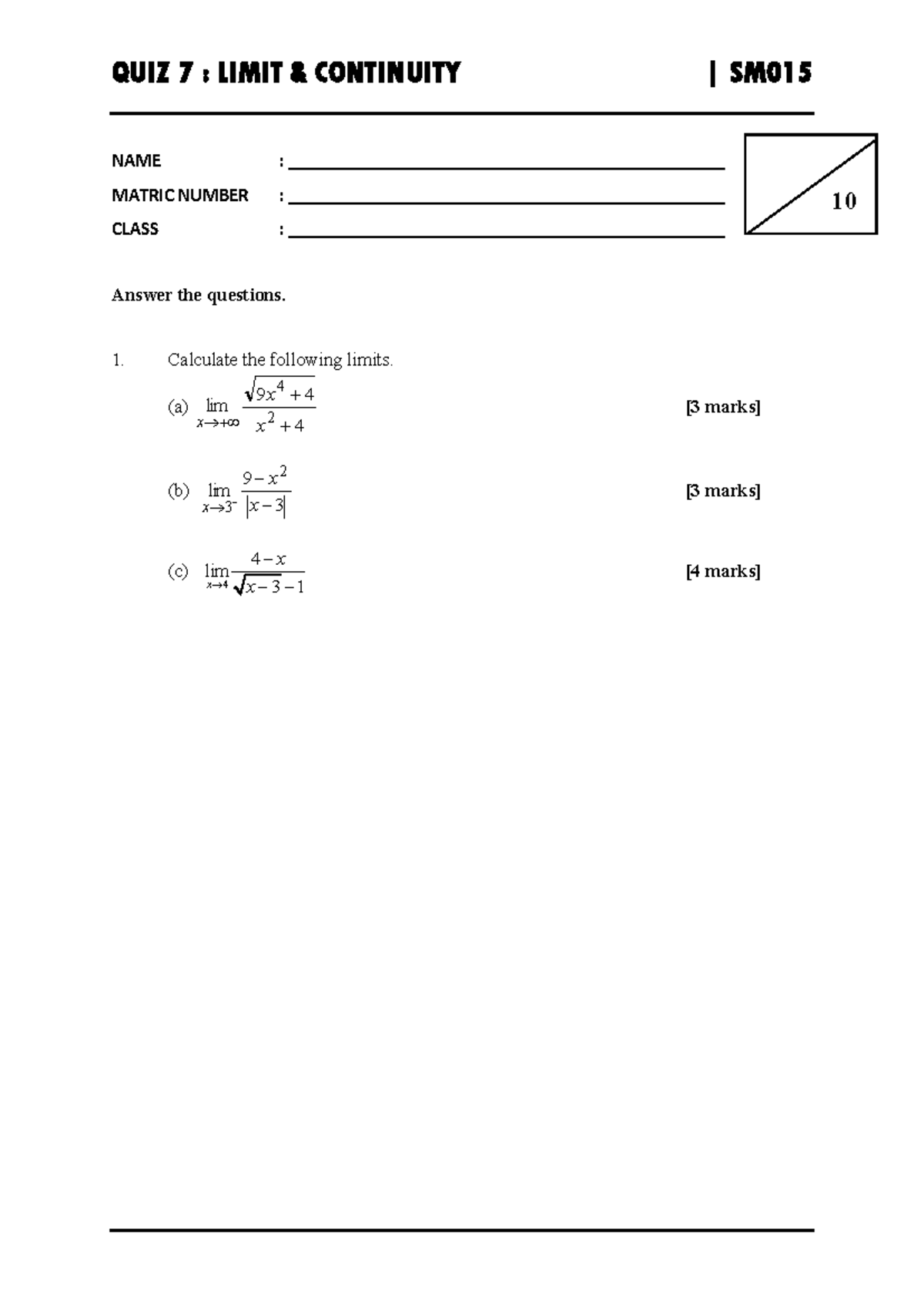 Quiz 7 - Good - QUIZ 7 : LIMIT & CONTINUITY | SM NAME : - Studocu