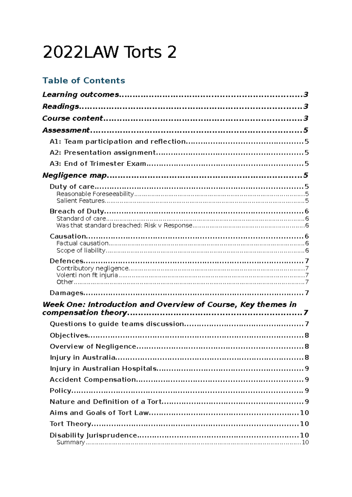2022LAW Torts 2 Lecture Notes: Key Concepts and Course Overview - Studocu