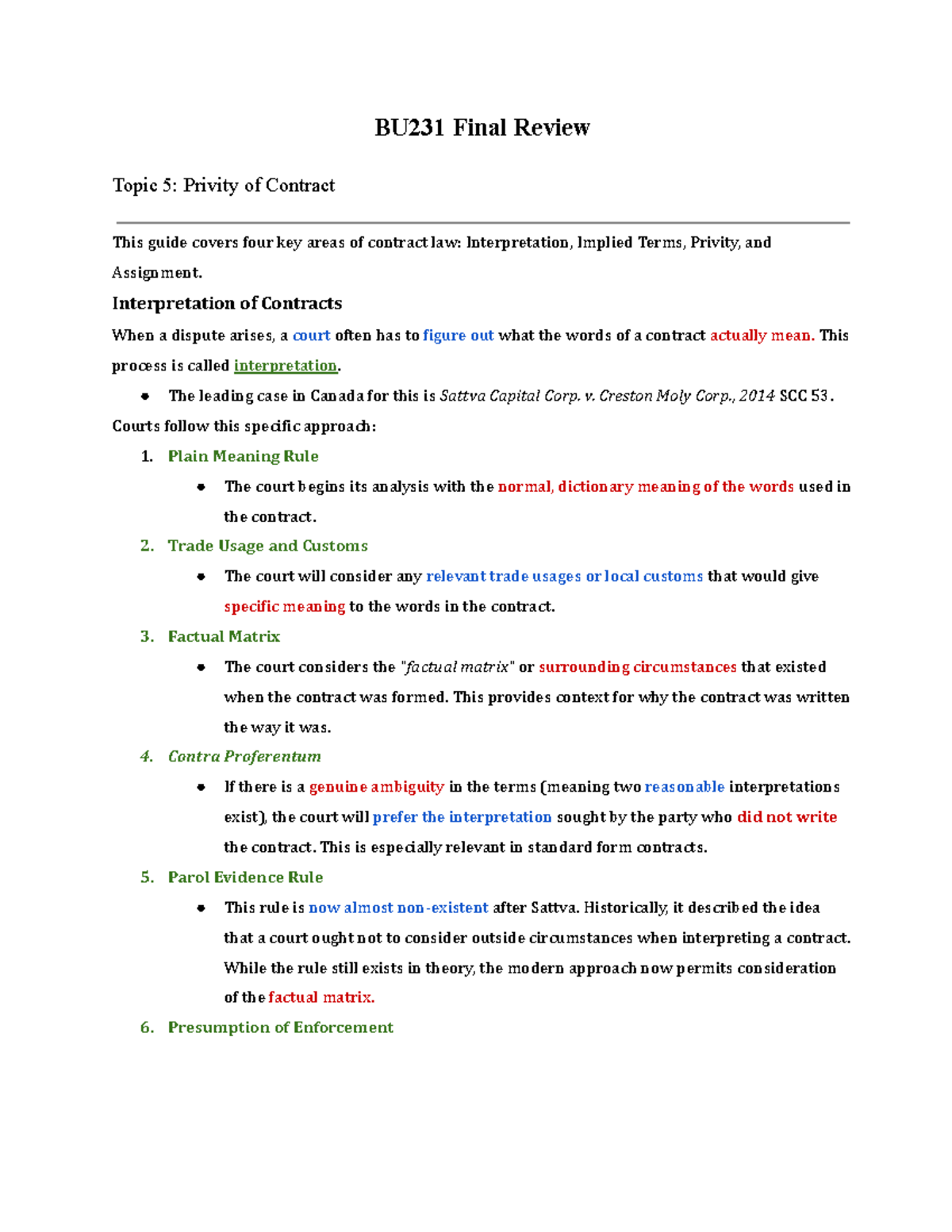 BU231 Final Review: Key Concepts in Contract Law and Privity - Studocu