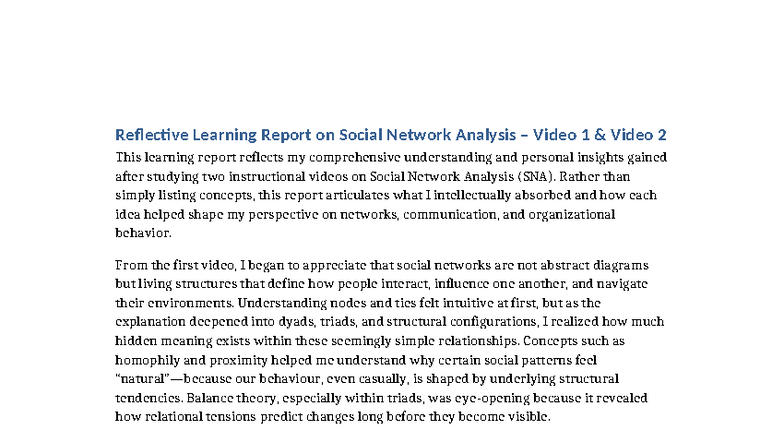 SNA Reflective Learning Report on Social Network Analysis Videos - Studocu