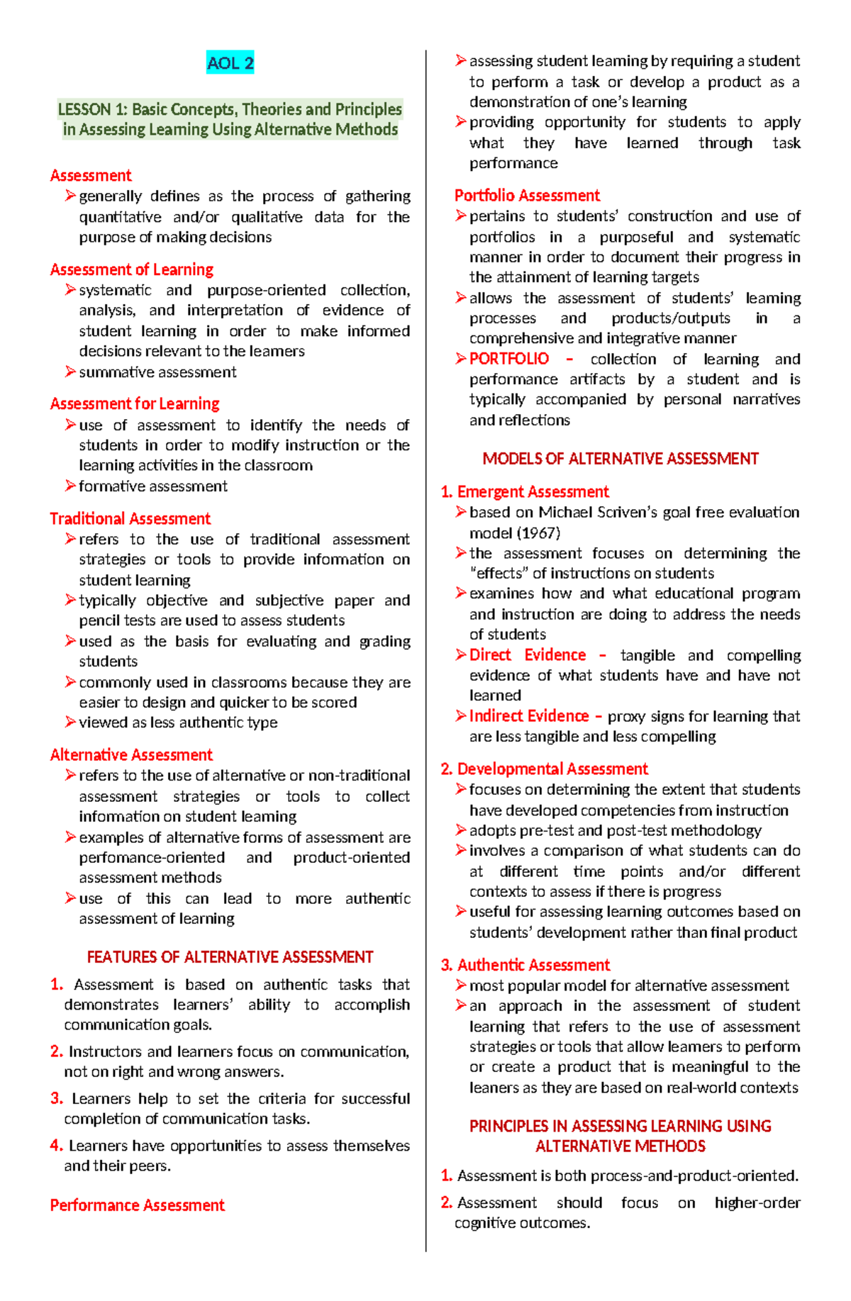 AOL 2 LESSON 1: Understanding Alternative Assessment Methods in Learning - Studocu