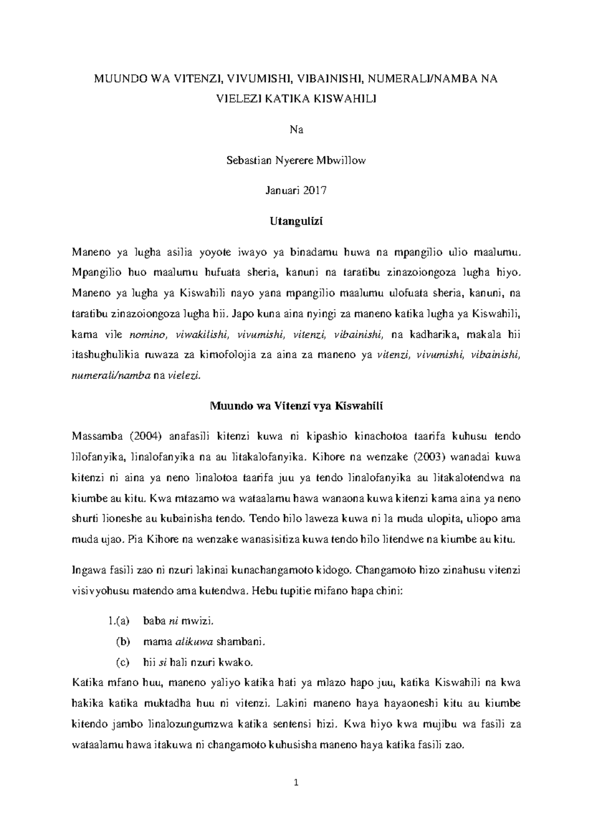 Muundo wa Vitenzi, Vivumishi, Vibainishi, na Vielezi Katika Kiswahili - Studocu