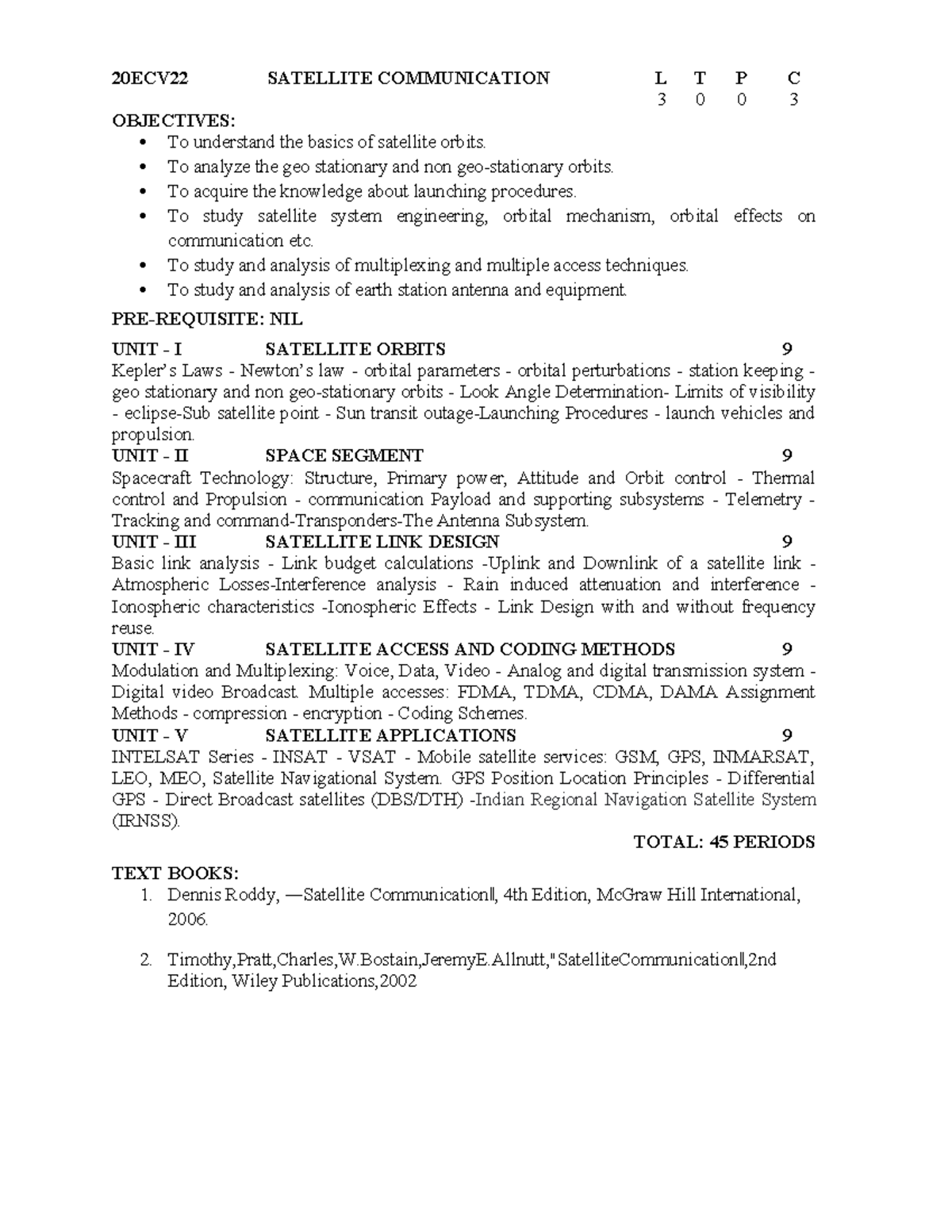 20ECV22 Satellite Communication Syllabus Overview - Studocu