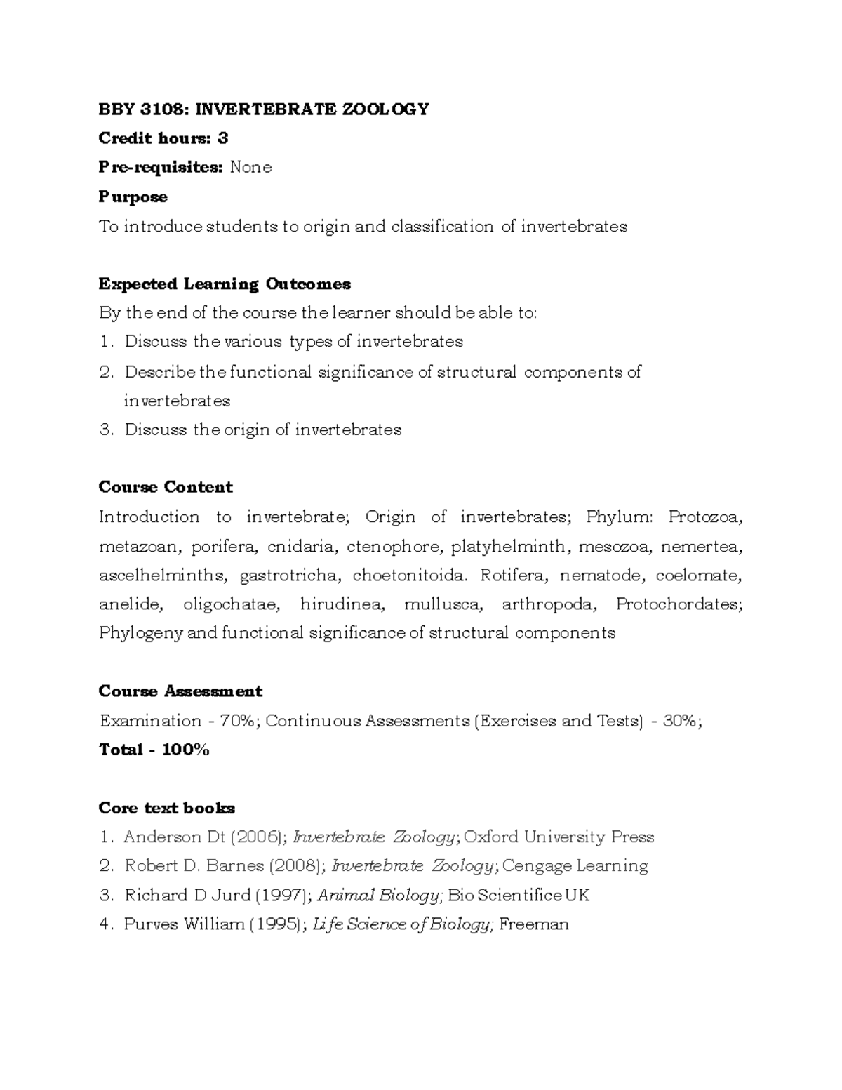 BBY 3108 Invertebrate Zoology Course Overview and Key Concepts - Studocu